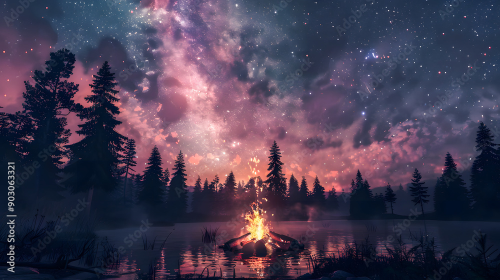 A warm and cosy campfire in the wilderness with forest trees ...