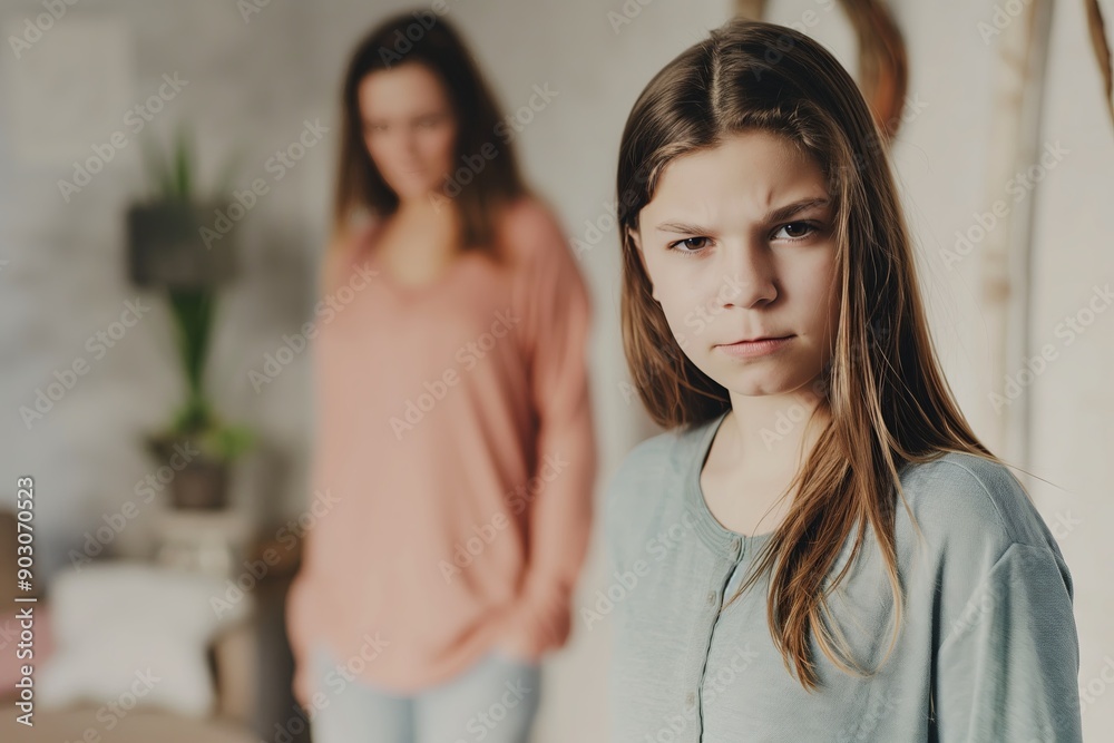 Upset girl with arms crossed, standing apart from her mother ...