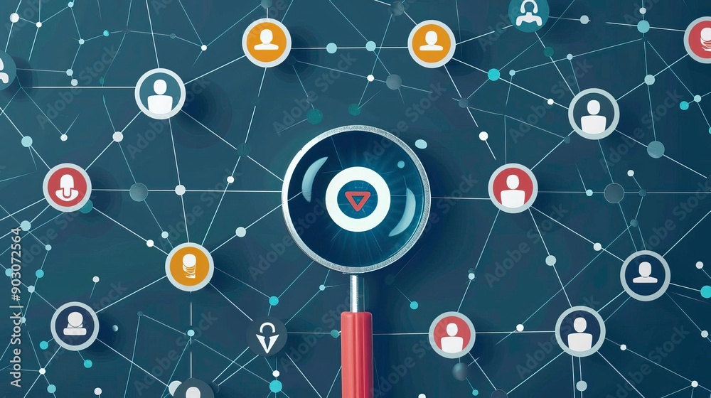 A magnifying glass over a network of user icons, representing search ...