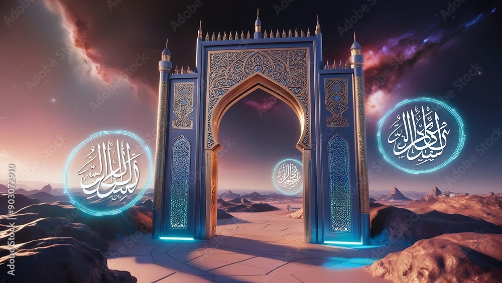 A virtual depiction of an interstellar Islamic gate, showcasing a ...