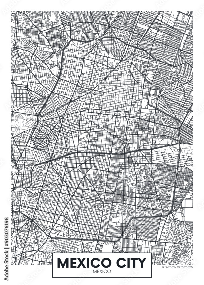 City map Mexico City, detailed urban planning travel vector poster ...