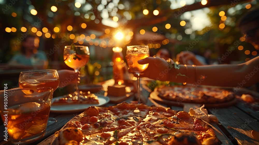 An outdoor family pizza party, glasses raised in a toast, a picnic ...