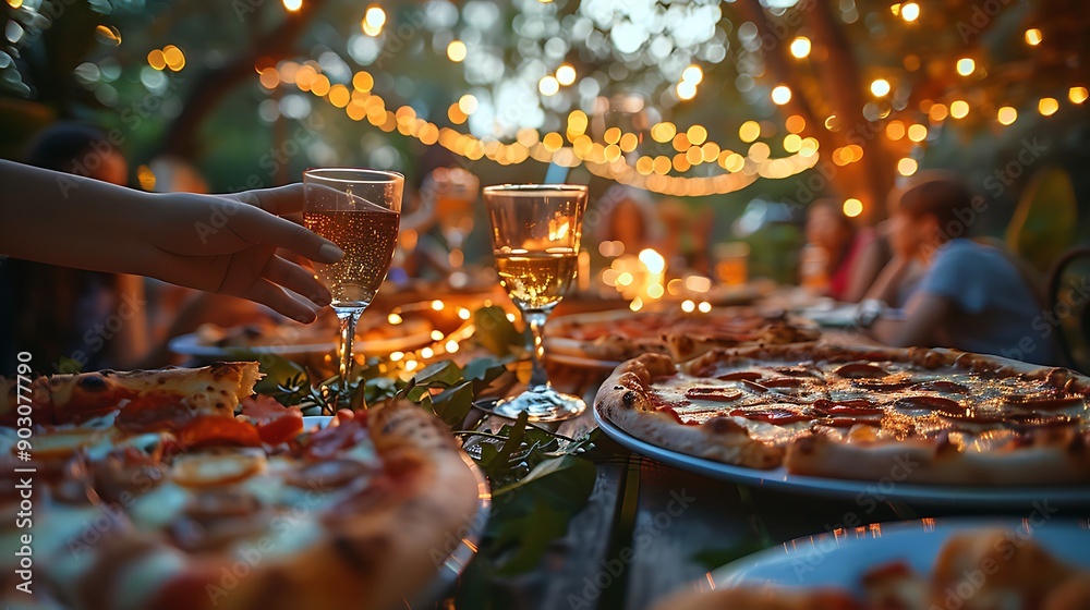An outdoor family pizza party, glasses raised in a toast, a picnic ...