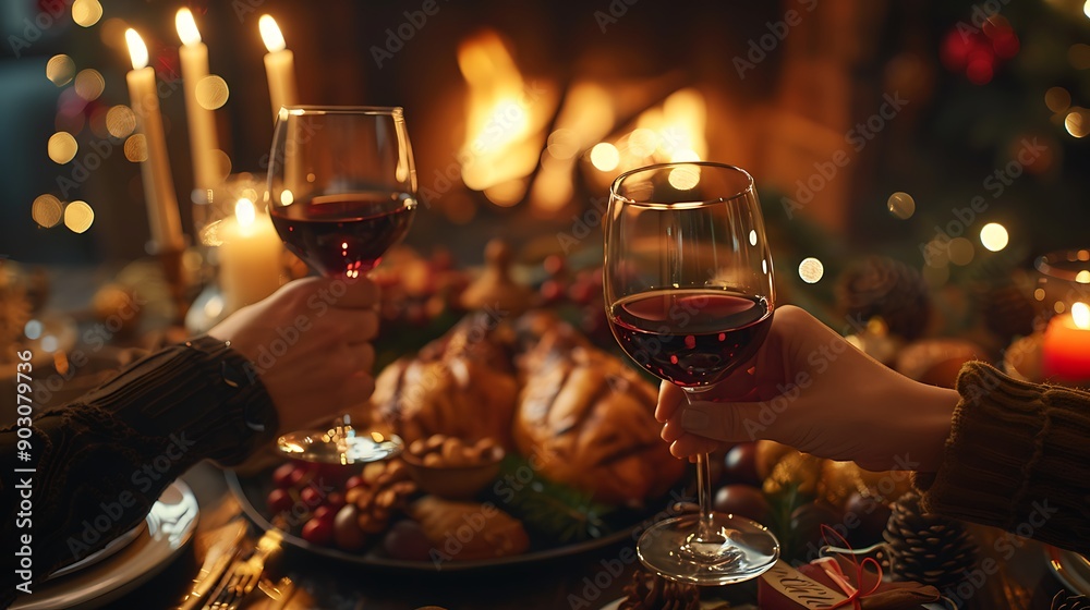 A cozy family toast during a winter holiday dinner by the fireplace ...