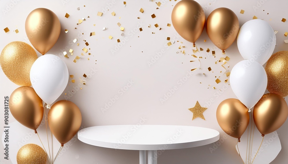 paper table with gold and white balloons and golden confetti 3d render ...