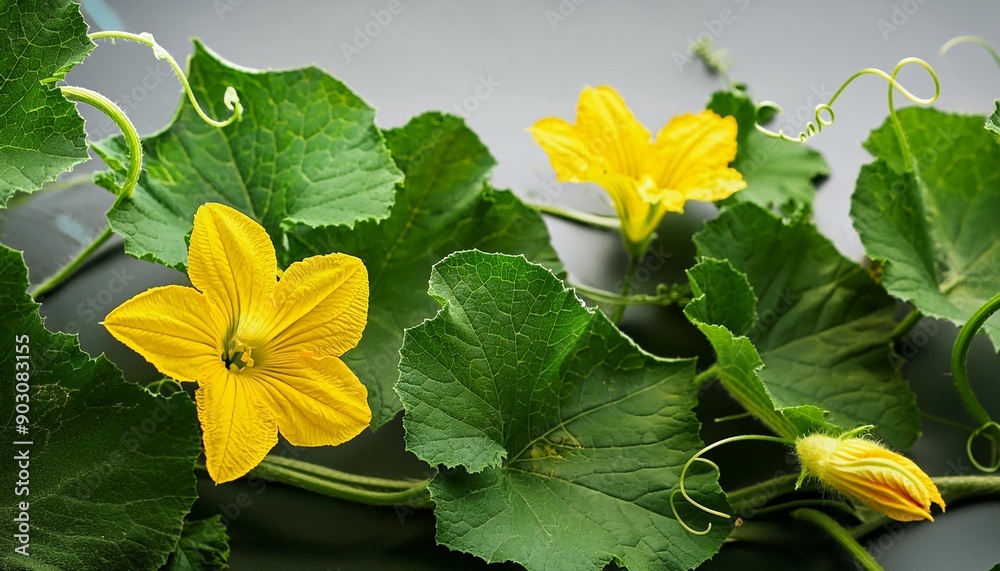 green leaves of cantaloupe muskmelon with yellow flowers and tendrils ...