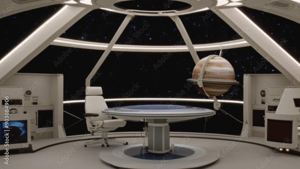 A futuristic control room core of space ventures features large screens ...