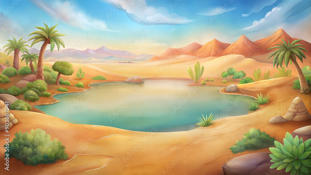 Watercolor painting of desert oasis with large body of water in middle ...