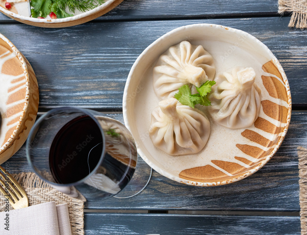 Georgian khinkali, minced meat chinkali, spicy dumplings also called ...