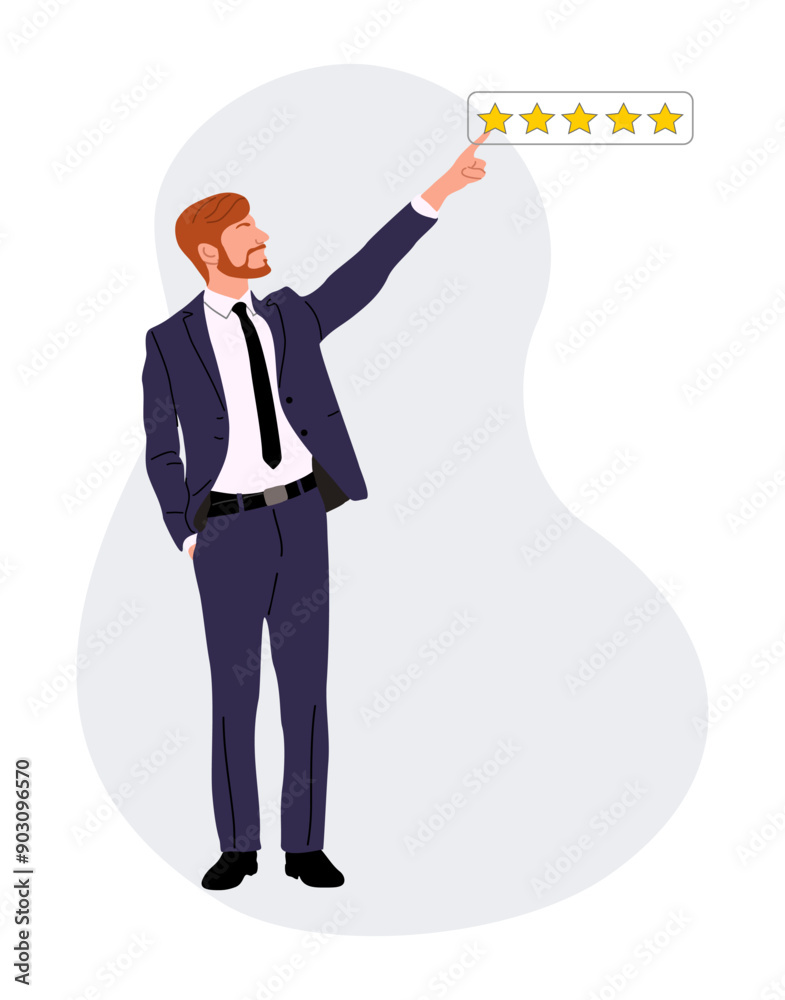 Vetor de Business man leave five star rating and service satisfaction ...