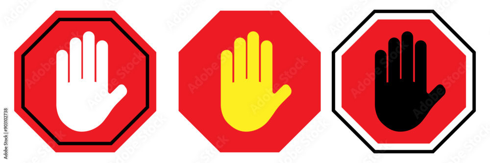 Stop signs set. red traffic car stop hand signal warning symbol. Don't ...