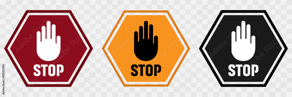 Stop signs set. red traffic car stop hand signal warning symbol. Don't ...