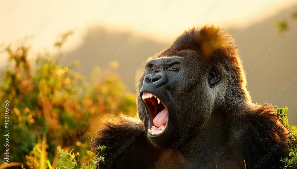 Wild mountain gorilla silverback yawning in the nature habitat. Very ...