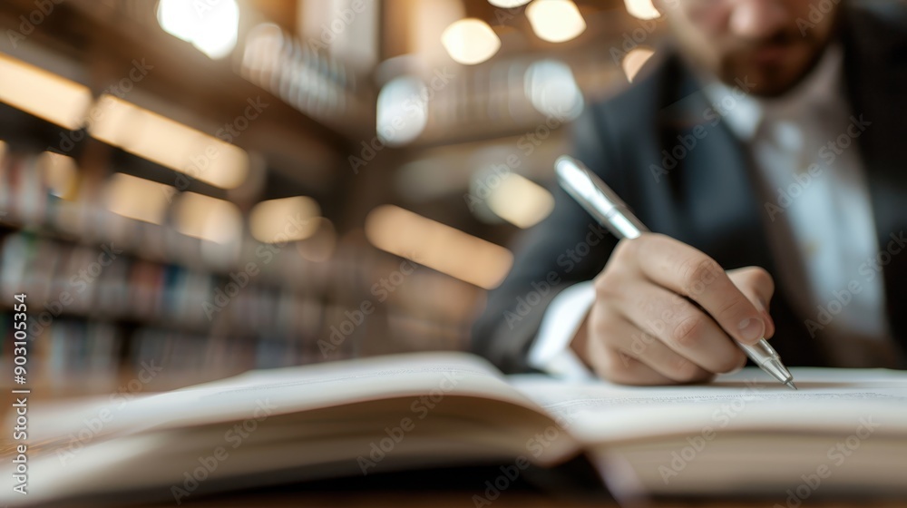 A man is diligently writing in an open book at a library desk, holding ...