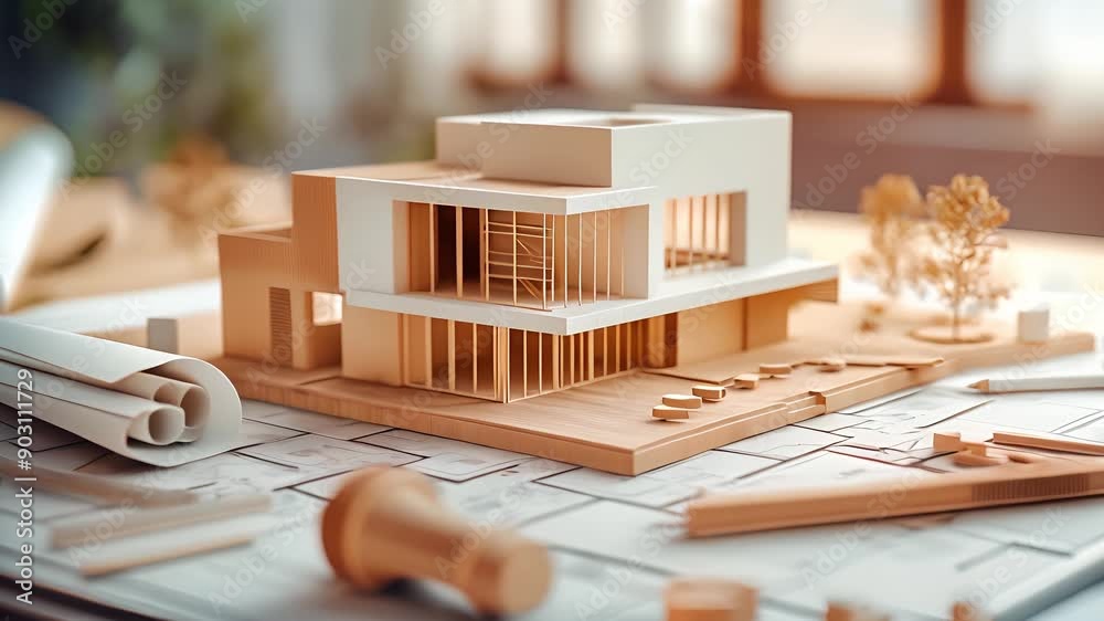 Mini modern house on blueprint architect, Architect designing on ...