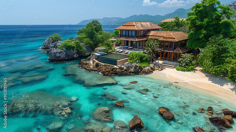 An idyllic scene of a private island retreat, featuring a secluded ...