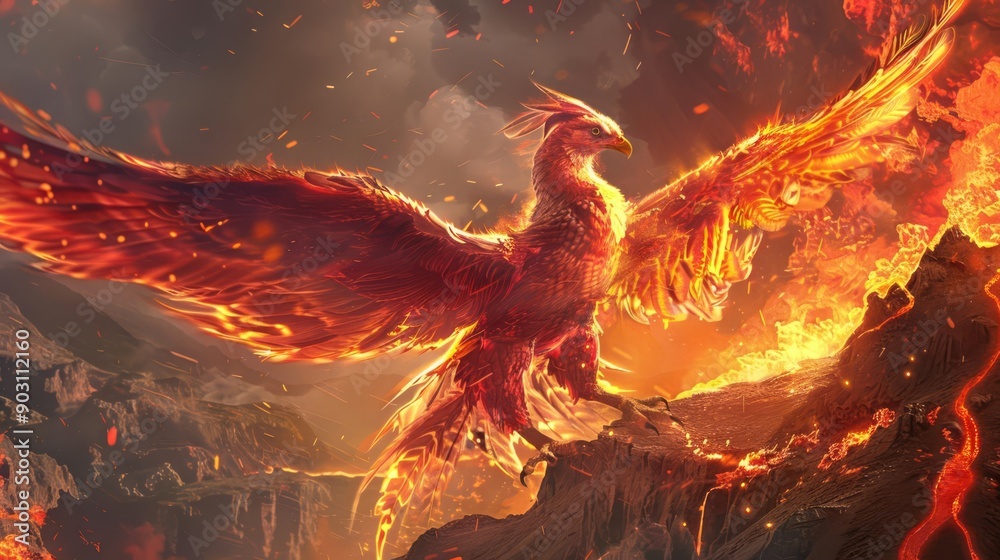 Phoenix bird rising from a volcano with lava and fire, powerful and ...
