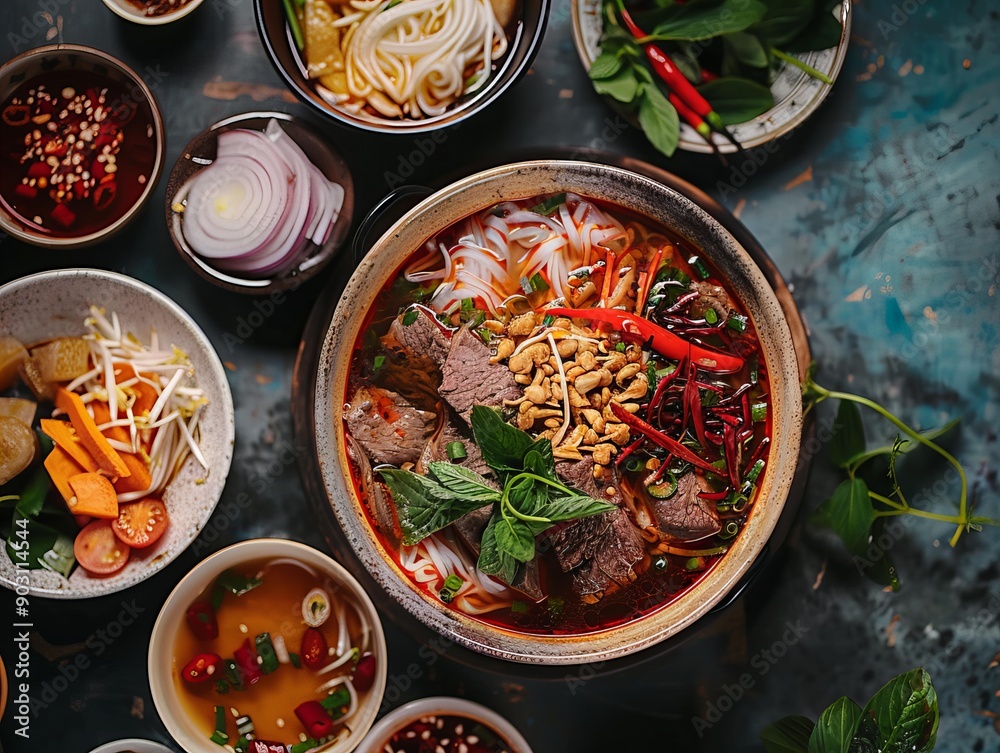 Bun Bo Hue. The most popular Vietnamese dishes. A spicy beef noodle ...