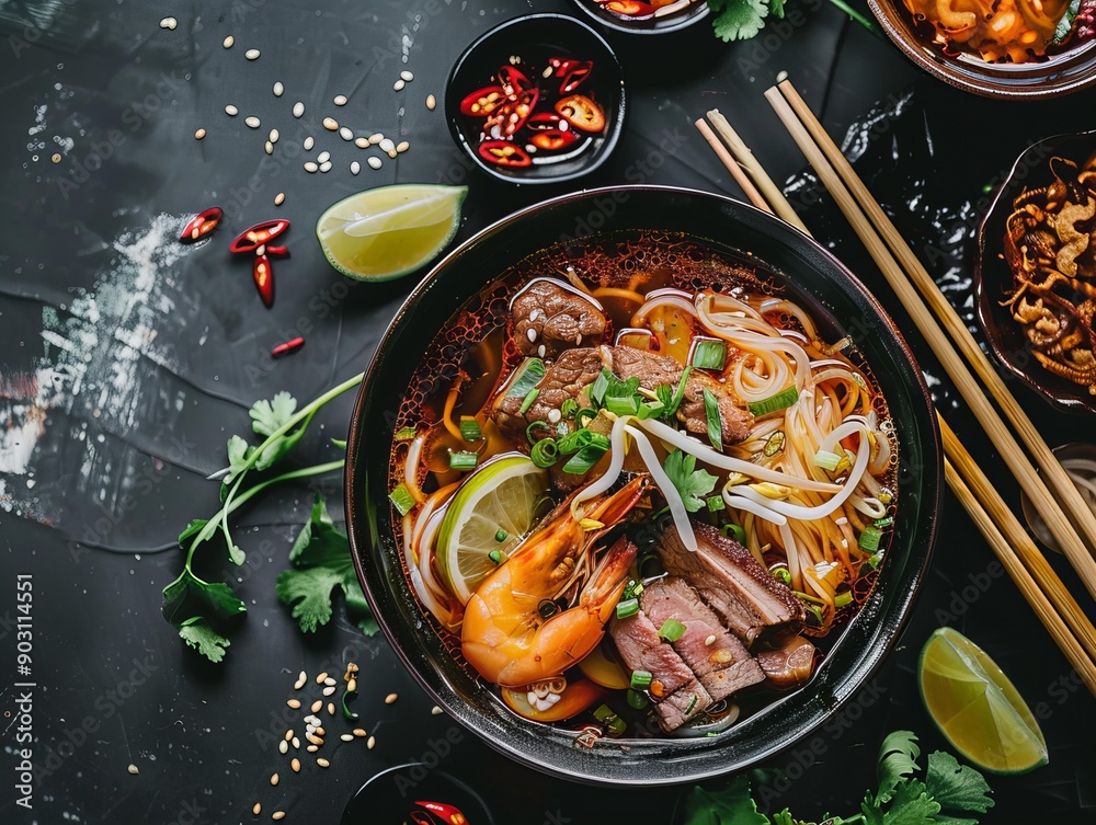 Bun Bo Hue. The most popular Vietnamese dishes. A spicy beef noodle ...