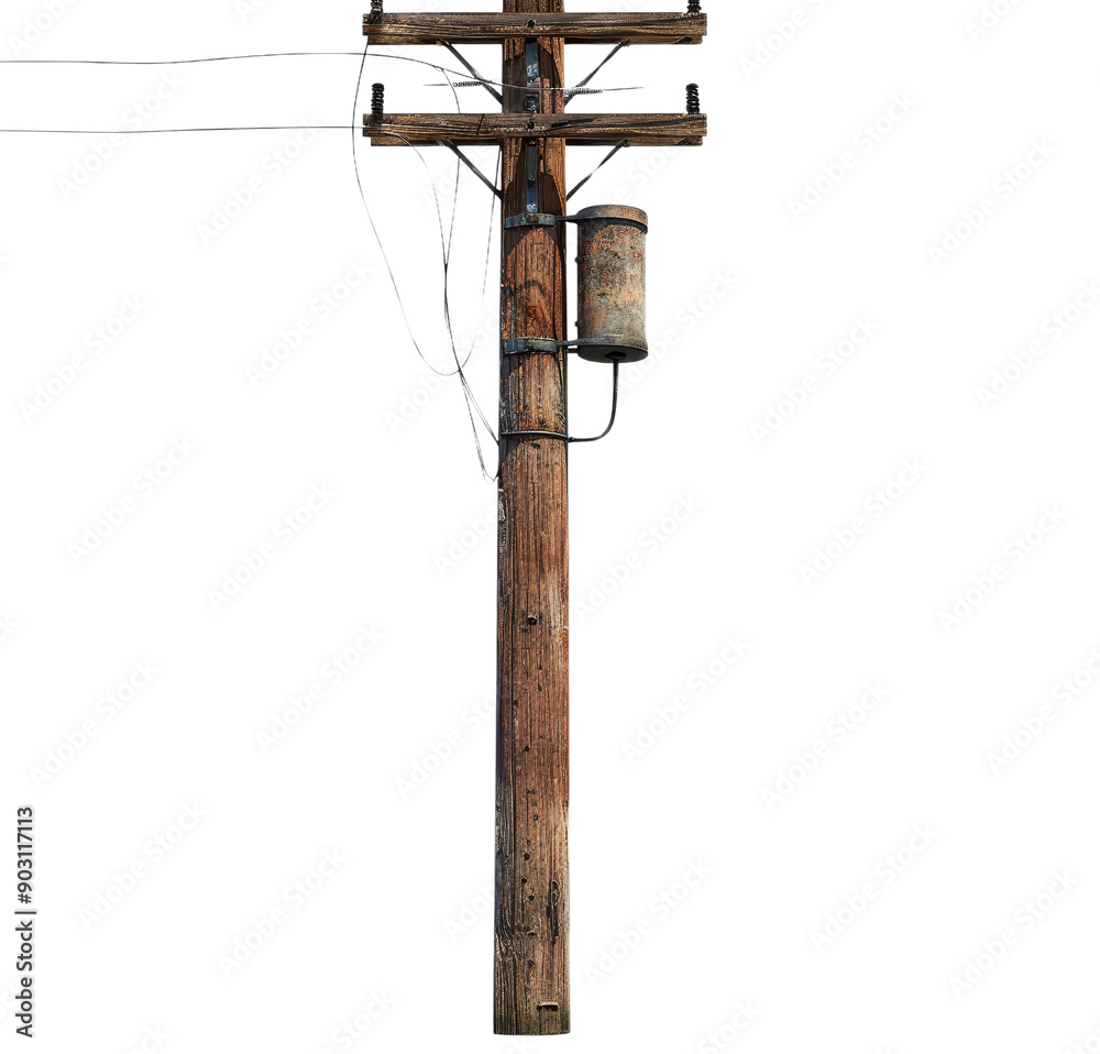 A rustic wooden utility pole standing tall, featuring electric wires ...