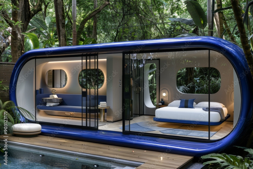 Futuristic modular home design set in a lush forest environment ...