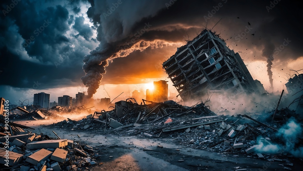 Apocalyptic cityscape, ruins and devastation, dramatic sky, crumbling ...