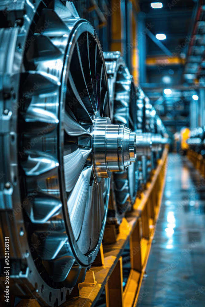 Closeup of turbines inside a hydropower plant, showing the mechanics of ...