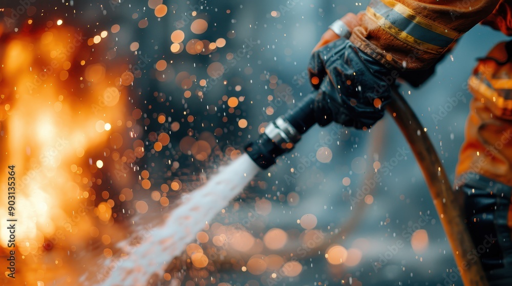 A firefighter in full gear uses a powerful hose to combat a blazing ...