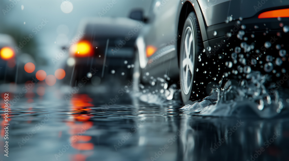 Cars hydroplaning on a busy street during a storm, water splashing from ...