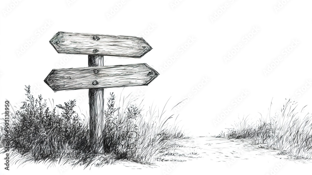 pencil drawing of wooden signpost with two signs pointing in different ...