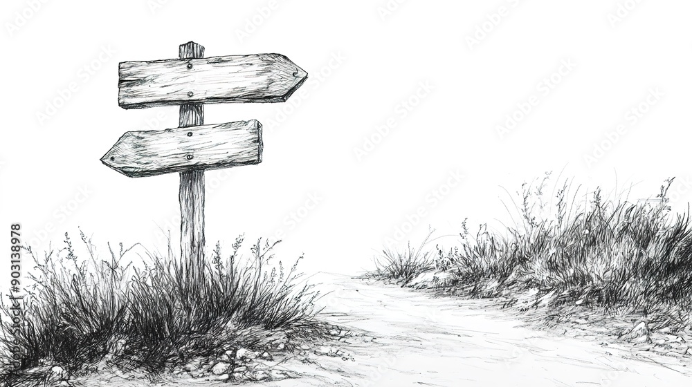 pencil drawing of wooden signpost with two signs pointing in different ...