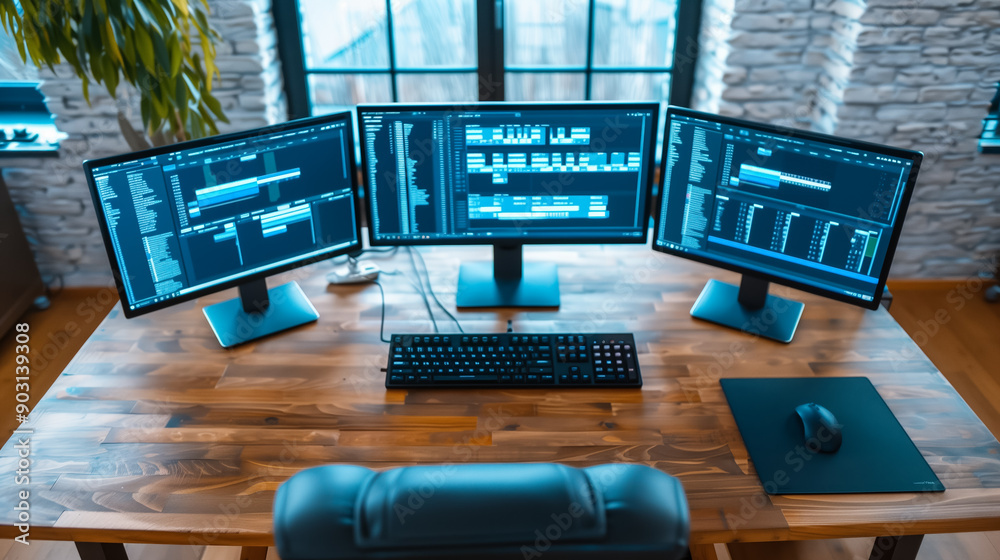 Overhead shot of a workspace with multiple monitors displaying AI video ...