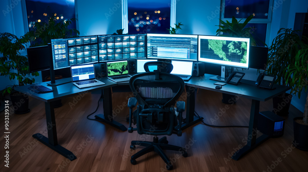 Overhead shot of a workspace with multiple monitors displaying AI video ...
