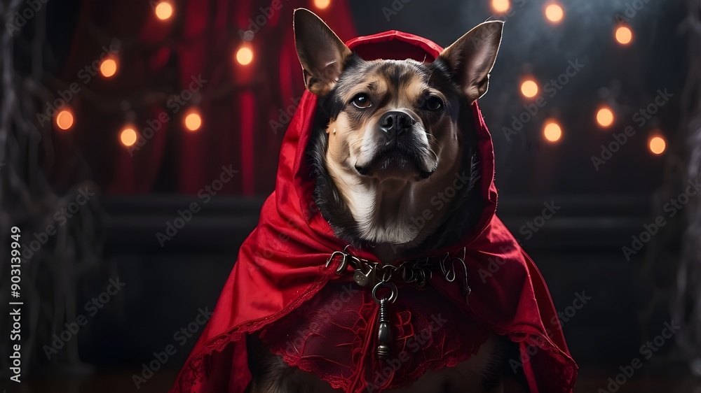 Dog dressed as the devil with crimson horns and a cape, posing in front ...