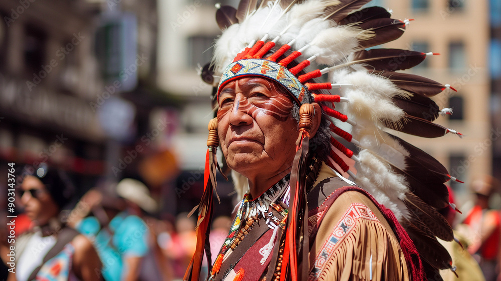 The chief of the Apache Indians standing before a modern Columbus Day ...