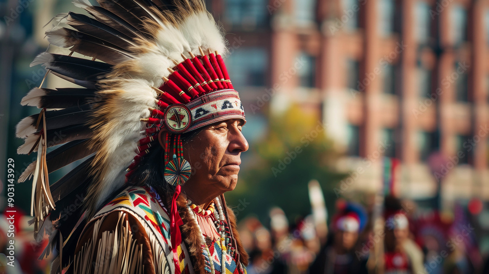 The chief of the Apache Indians standing before a modern Columbus Day ...