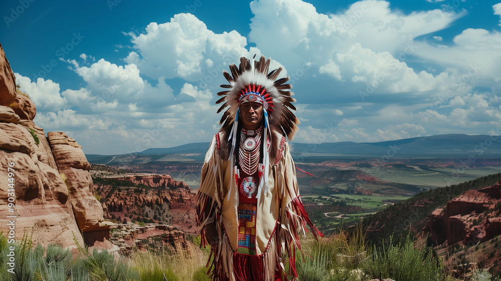 The chief of the Apache Indians stands proudly in traditional attire ...