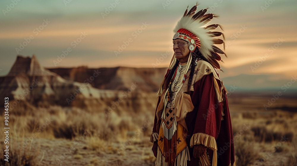 The chief of the Apache Indians stands proudly in traditional attire ...