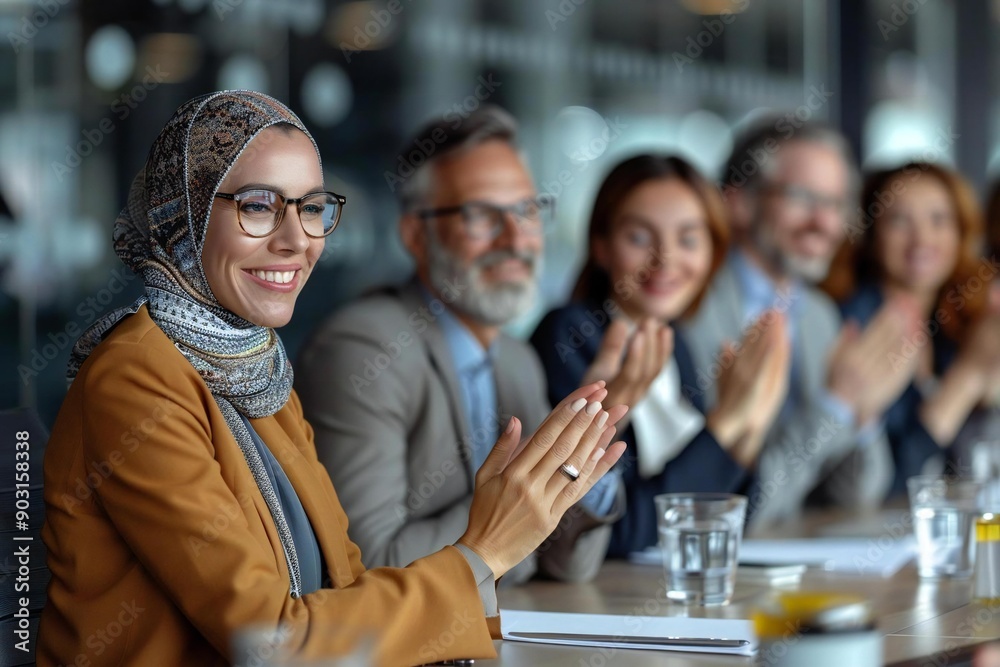 Beautiful diverse business colleagues wearing eyeglasses seated around ...