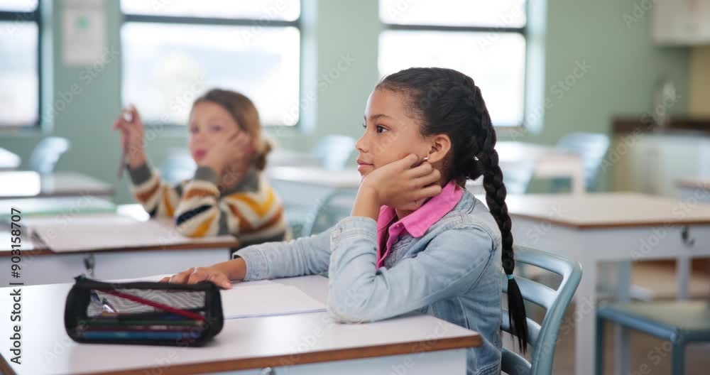 Assessment, education and girl student in classroom for question at ...