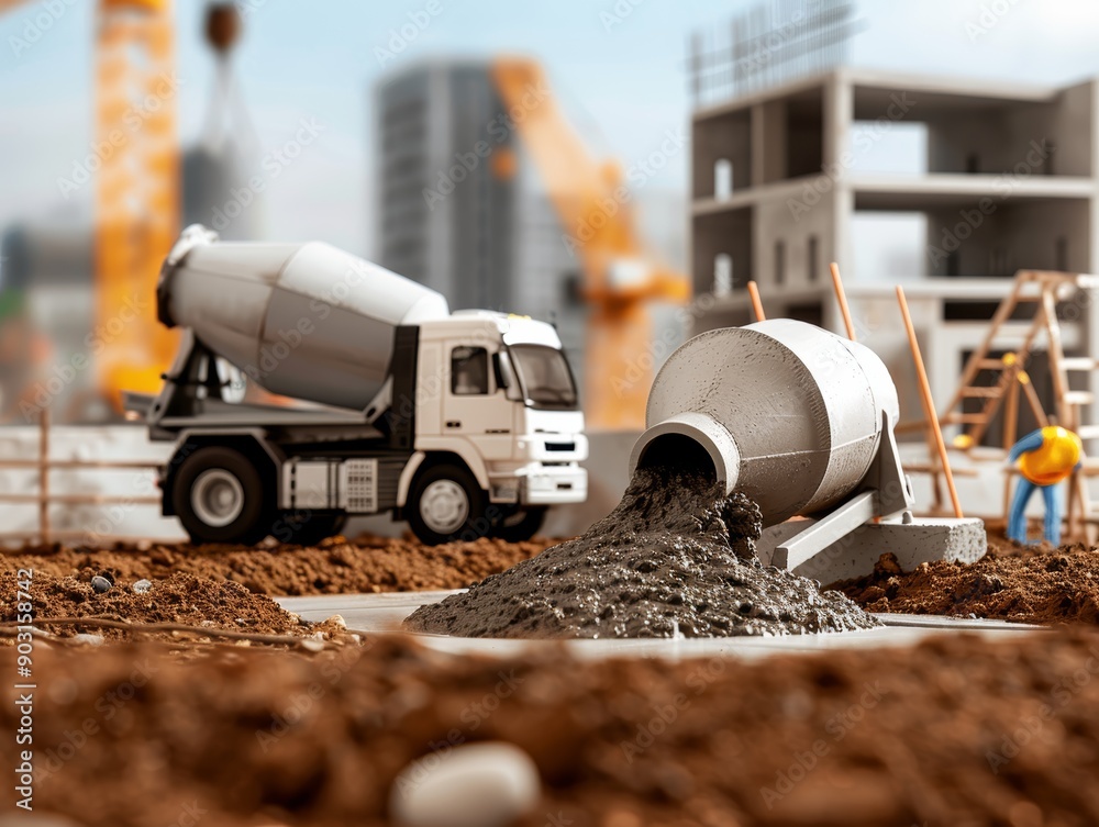 A cement mixer truck in the center of a bustling construction site ...