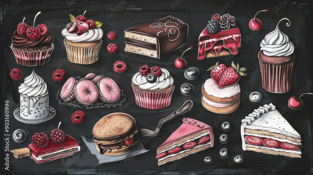 Chalkboard banner with doodles of assorted desserts like cakes ...