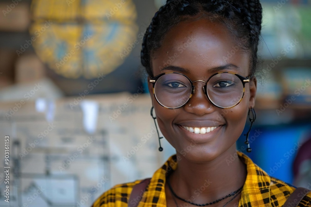 Beautiful African draftsman smiling while wearing glasses and focusing ...
