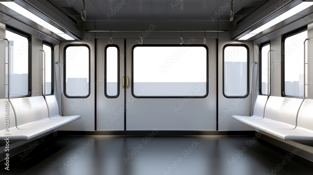 Contemporary subway car with large panoramic windows, flooding the ...