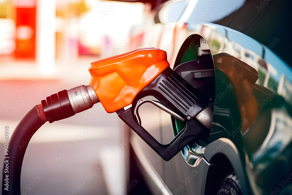 Car filling up at a gas station, a scene of efficiency and urban ...