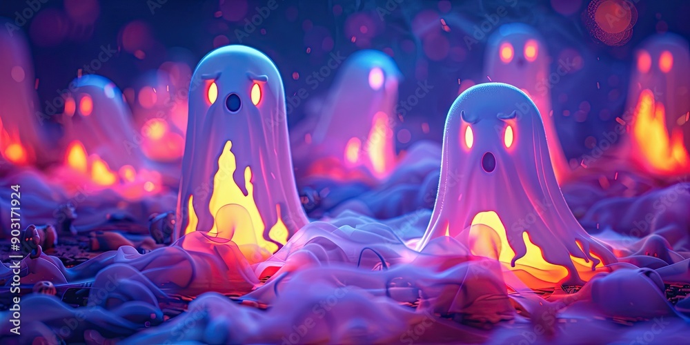 ethereal ghosts with bright orange eyes, each with different facial ...