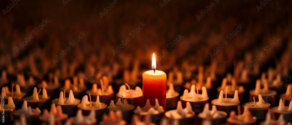 Single lit candle in a room full of extinguished candles, standing out ...