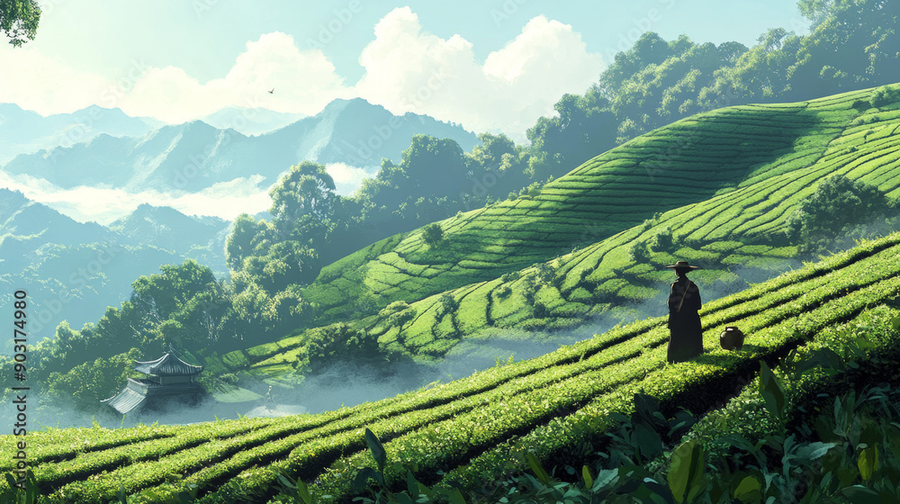 Depict the natural origins of tea, with visuals of tea plantations ...