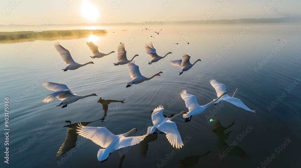 Aerial view of a majestic flock of swans gliding over a serene lake at ...