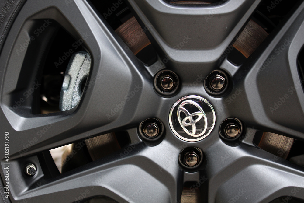 Vinnytsia, Ukraine; July 30, 2024. Black Toyota RAV4 Hybrid light alloy ...